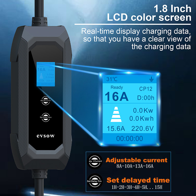 evsow Type 2 EV Charger 16A 3.5Kw Portable Electric Car Charger With 3 ...