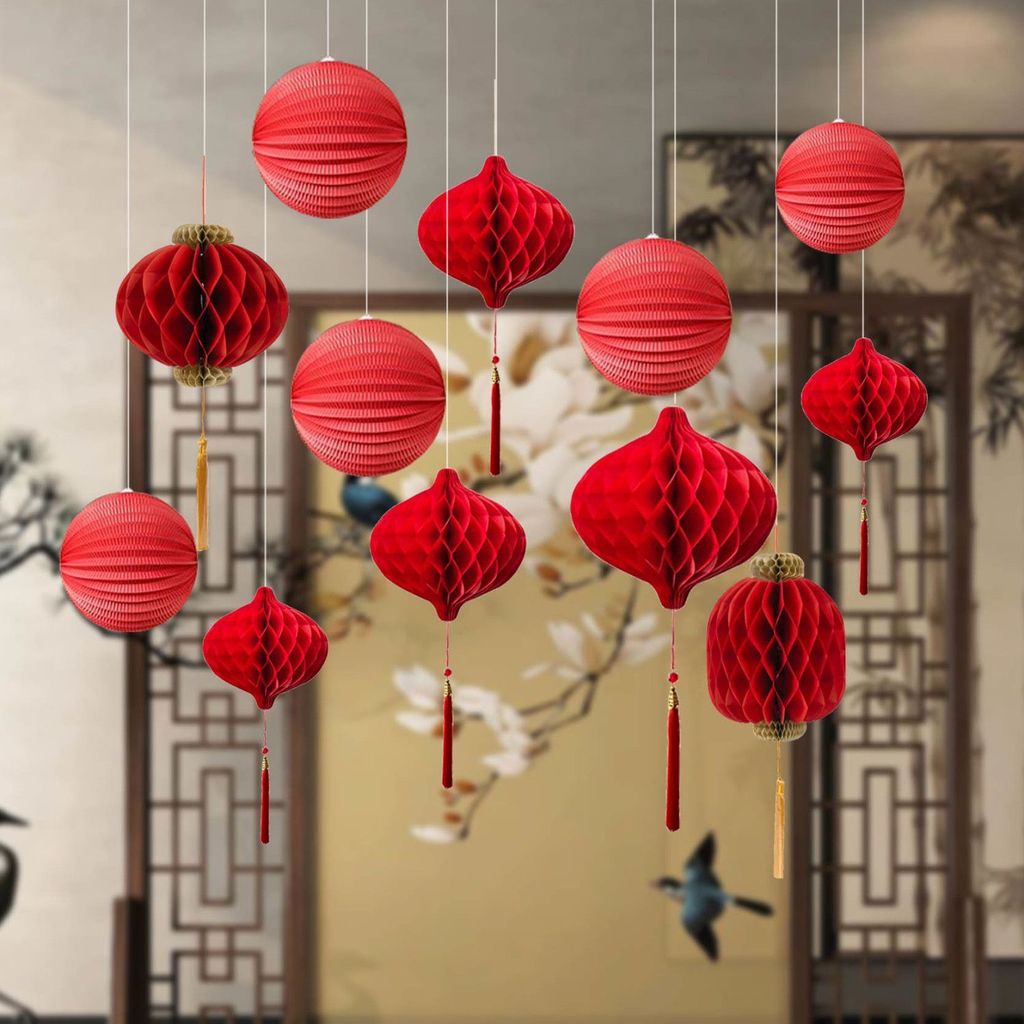 CNY Hanging Paper Lantern Decoration Set Origami Lanterns Fans Ceiling ...