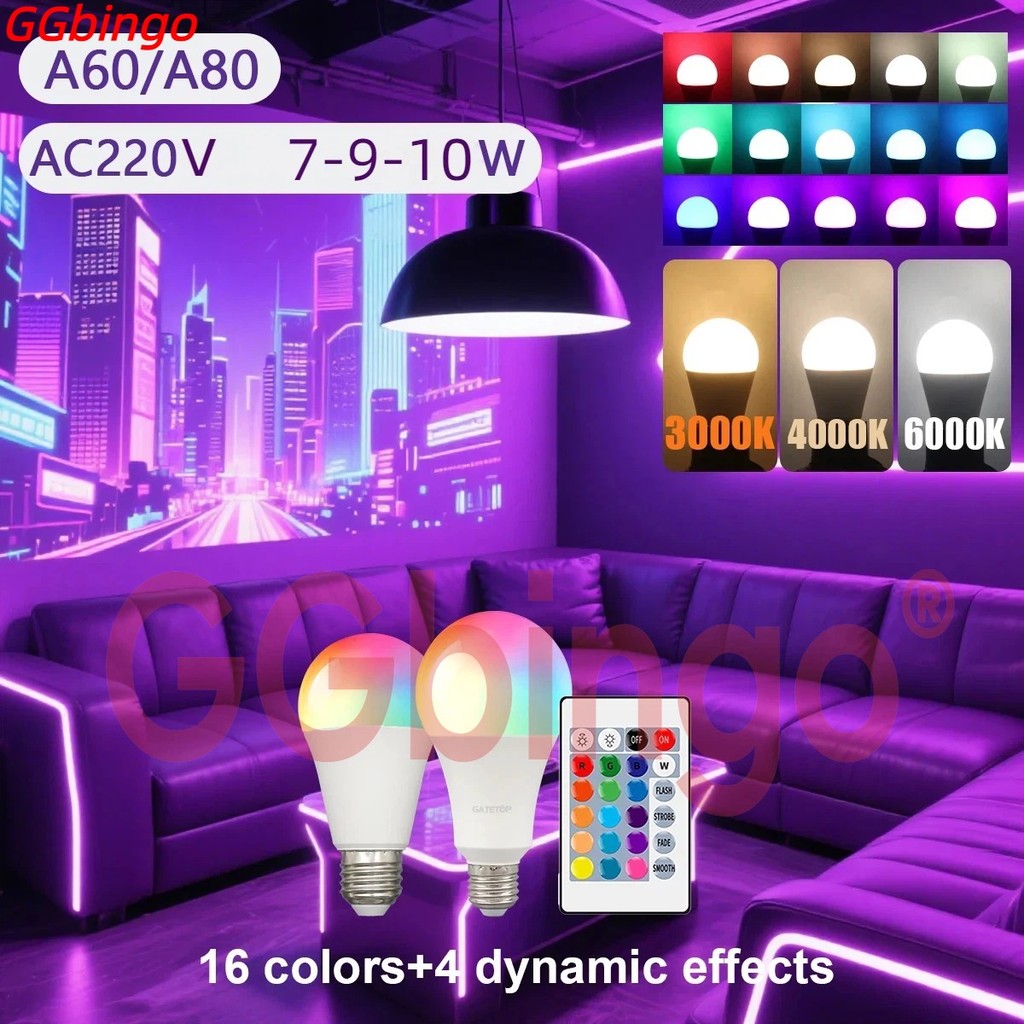 Led RGB Color Changing Lamp E27 Dimmable Light 220V Led RGB Magic Bulb ...