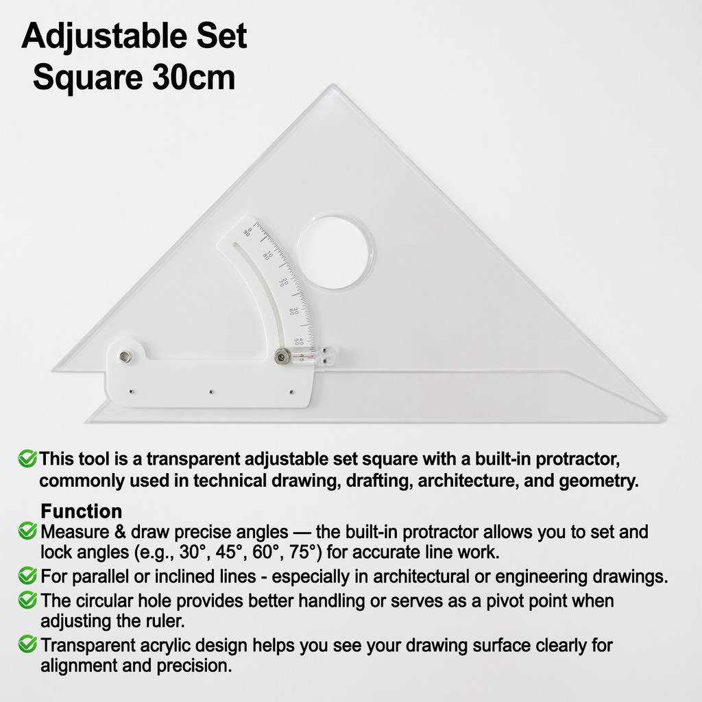 VCR Adjustable Set Square 30cm Transparent Triangle Ruler with ...