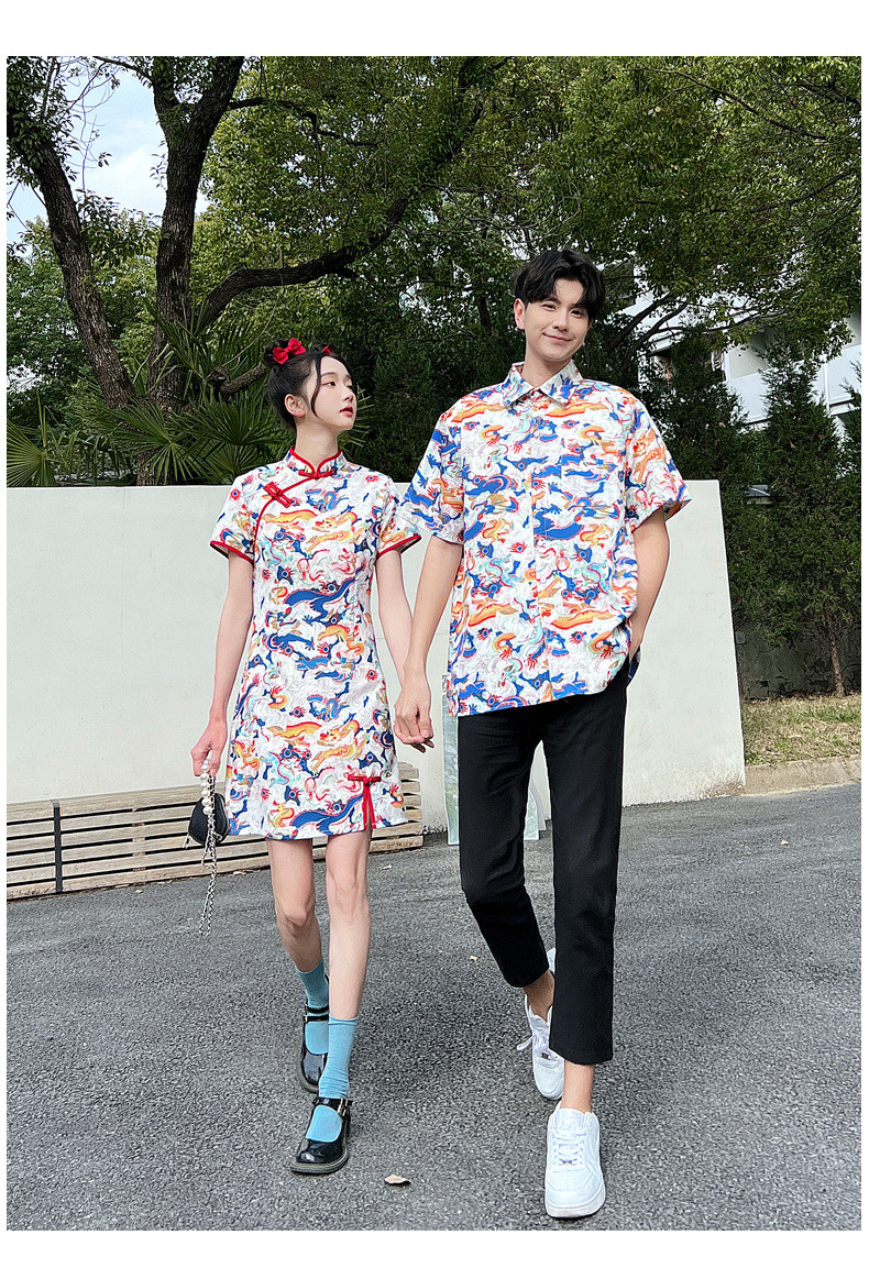 Chinese Style Couple Outfit - Retro Asymmetrical Qipao Dress with Slit ...