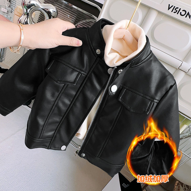 Children's leather jacket 2025 Winter Edition for Girls and Boys with fleece motorcycle leather ...