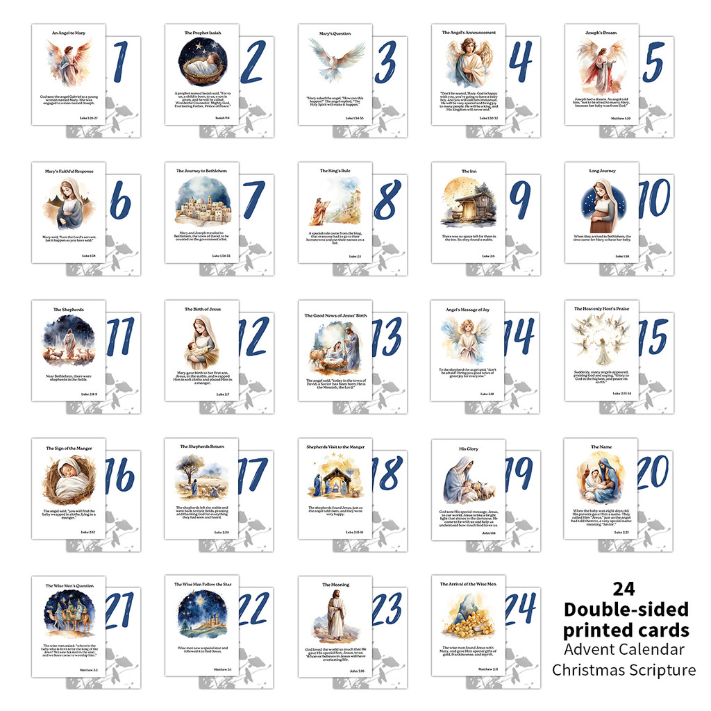 24 Double-Sided Advent Calendar Scripture Cards, Christian Christmas ...