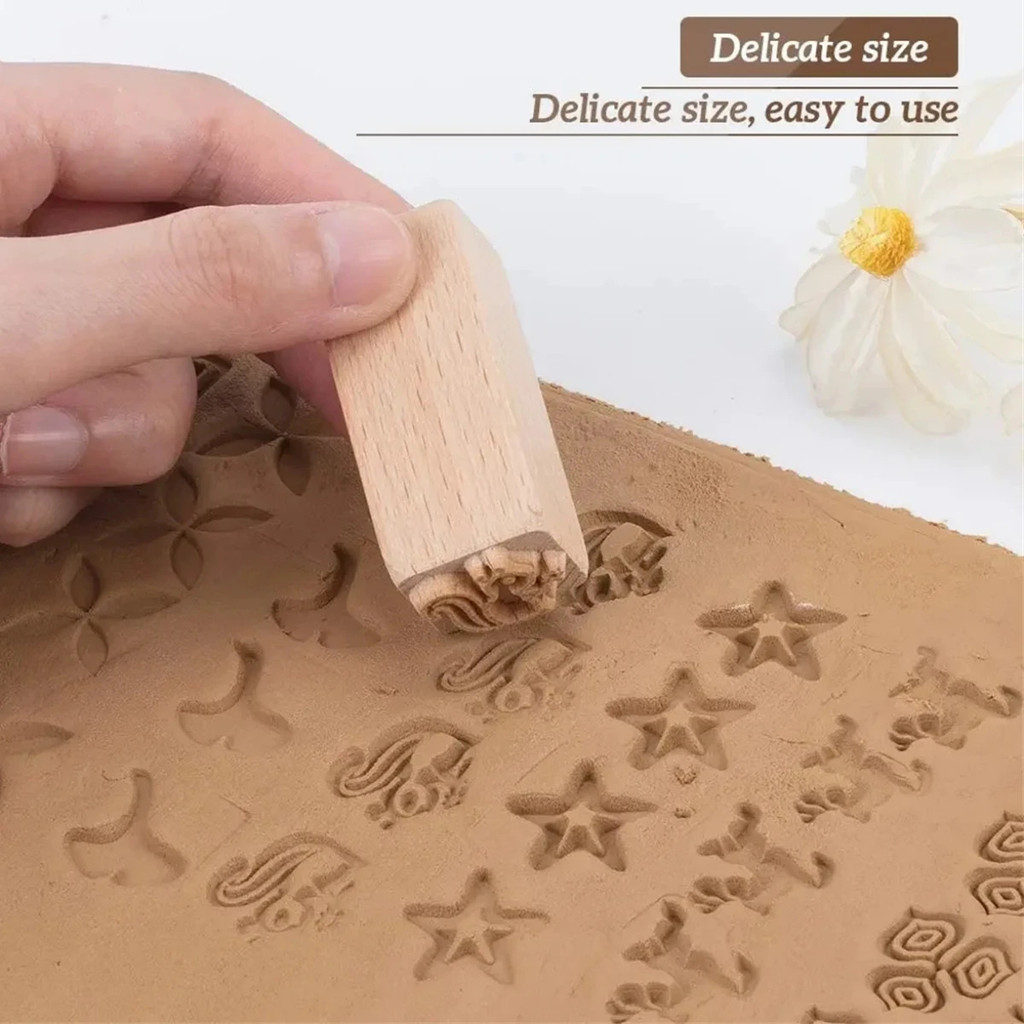 9 Patterns Wood Stamps DIY Wooden Clay Seal Set Round Pottery Tool Moon ...