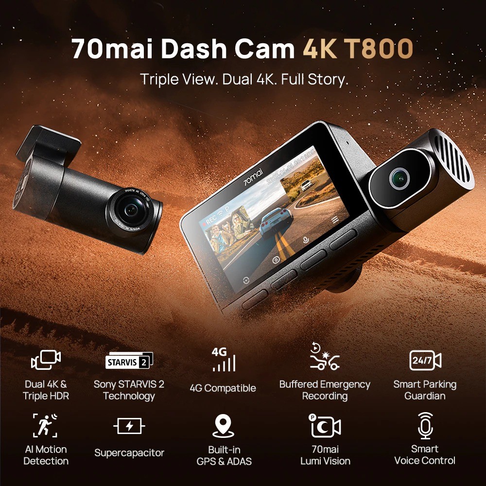 70mai T800 3 Channel Dashcam Dual 4K HDR 4G GPS Tracking Recorder AI ...