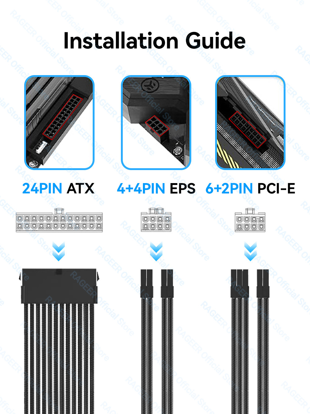RAGEER PSU Extension Cable Kit Motherboard ATX 24Pin GPU PCI-E 6+2Pin ...