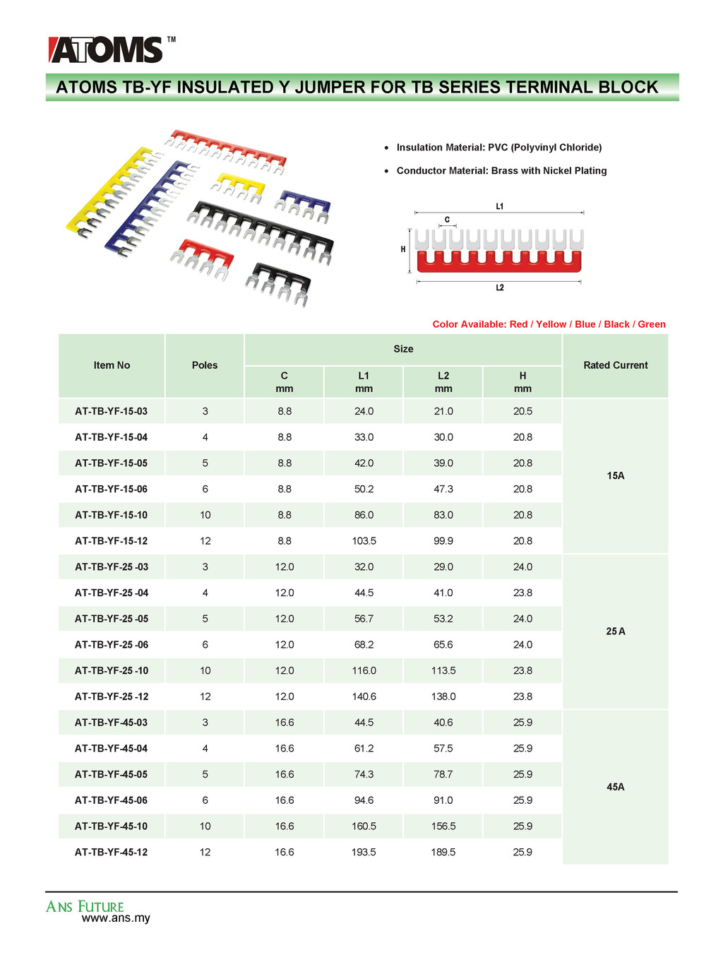 ATOMS TB-YF Insulated Y Jumper Link for TB Series Terminal Block 15A ...