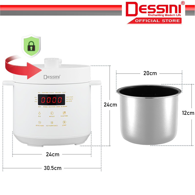 DESSINI ITALY Electric Digital 3L Pressure Cooker Non-stick Stainless ...