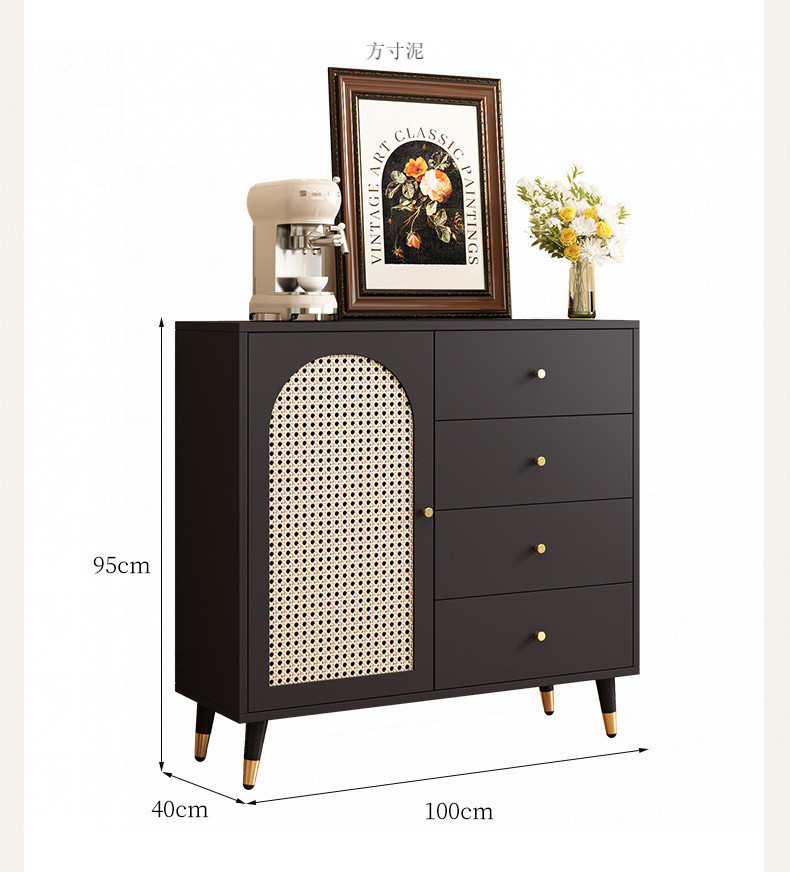 French Style Black Rattan Combination Cabinet Dining Buffet with ...
