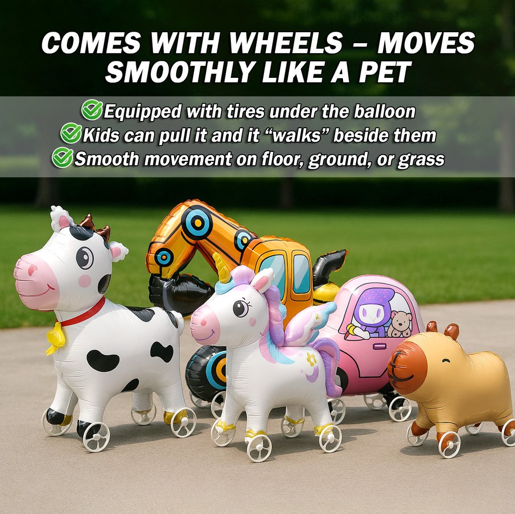 VCR Pull String Walking Balloon Toy with Wheels Cute Cartoon Designs ...