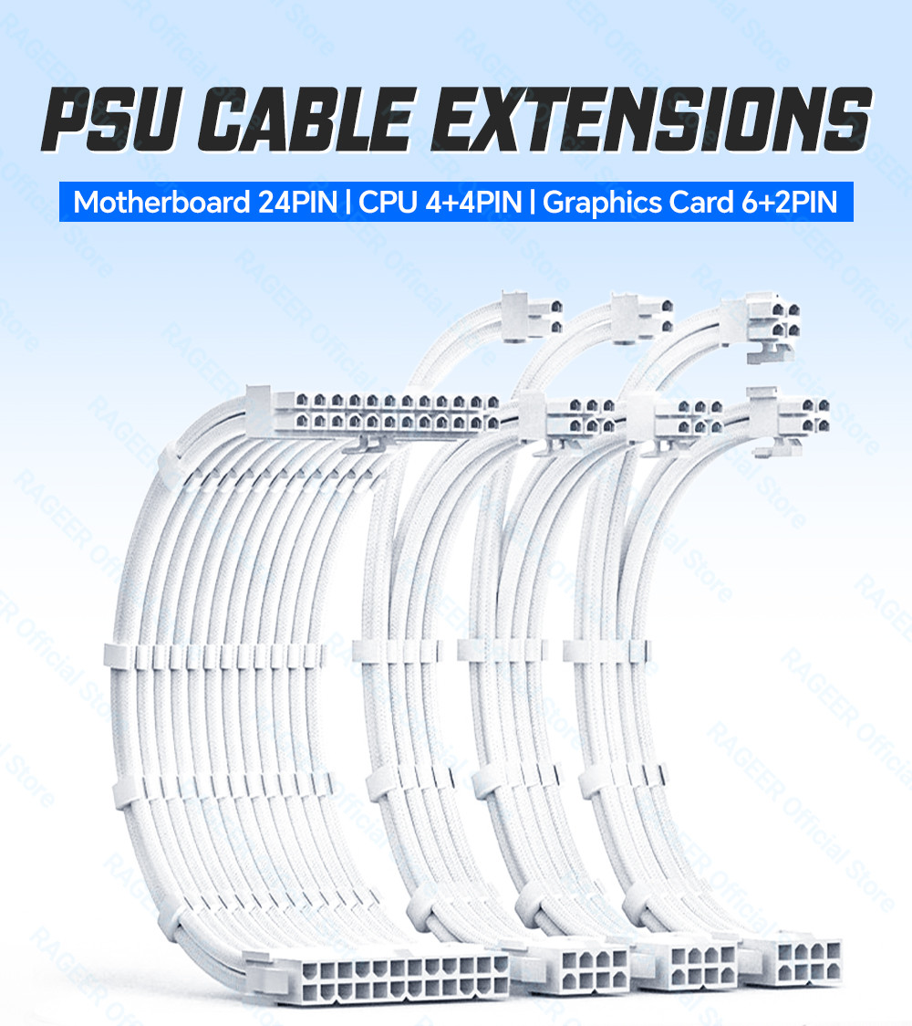 RAGEER PSU Extension Cable Kit Motherboard ATX 24Pin GPU PCI-E 6+2Pin ...
