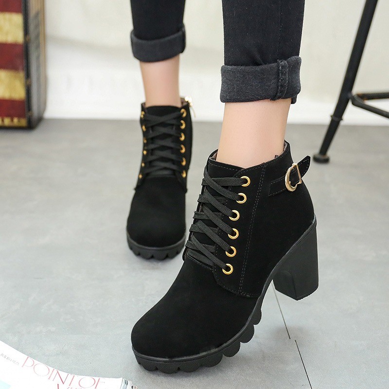 Korean Style Women's Casual Lace-Up Boots with Thick Sole | Shopee Malaysia