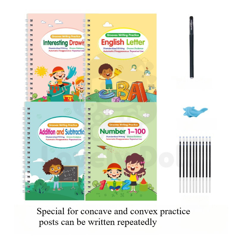4Pcs/set Magic Copybook Reusable Grooved Handwriting Practice Books for ...