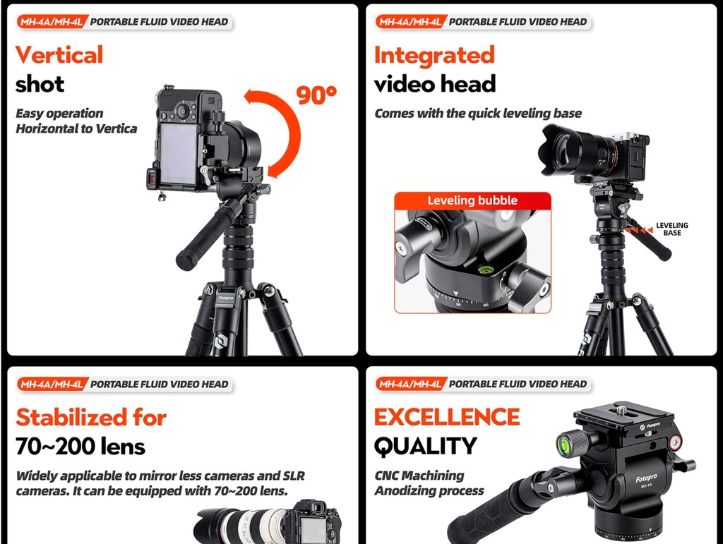 Fotopro MH-4A/MH-4L/MH-6A Pro Portable Fluid Video Head with Leveling ...