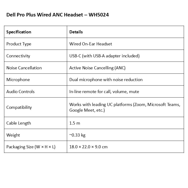 DELL Pro Plus WH5024 Wired Headset with ANC & Noise-Cancelling Mic ...