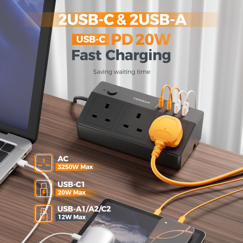 TESSAN Desk Clamp Extension 1.8M Cord Socket Adapter with USB Type C ...