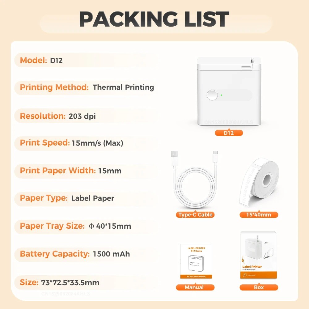 Portable Mini Printer D12 Inkless Thermal Printer Portable Label ...