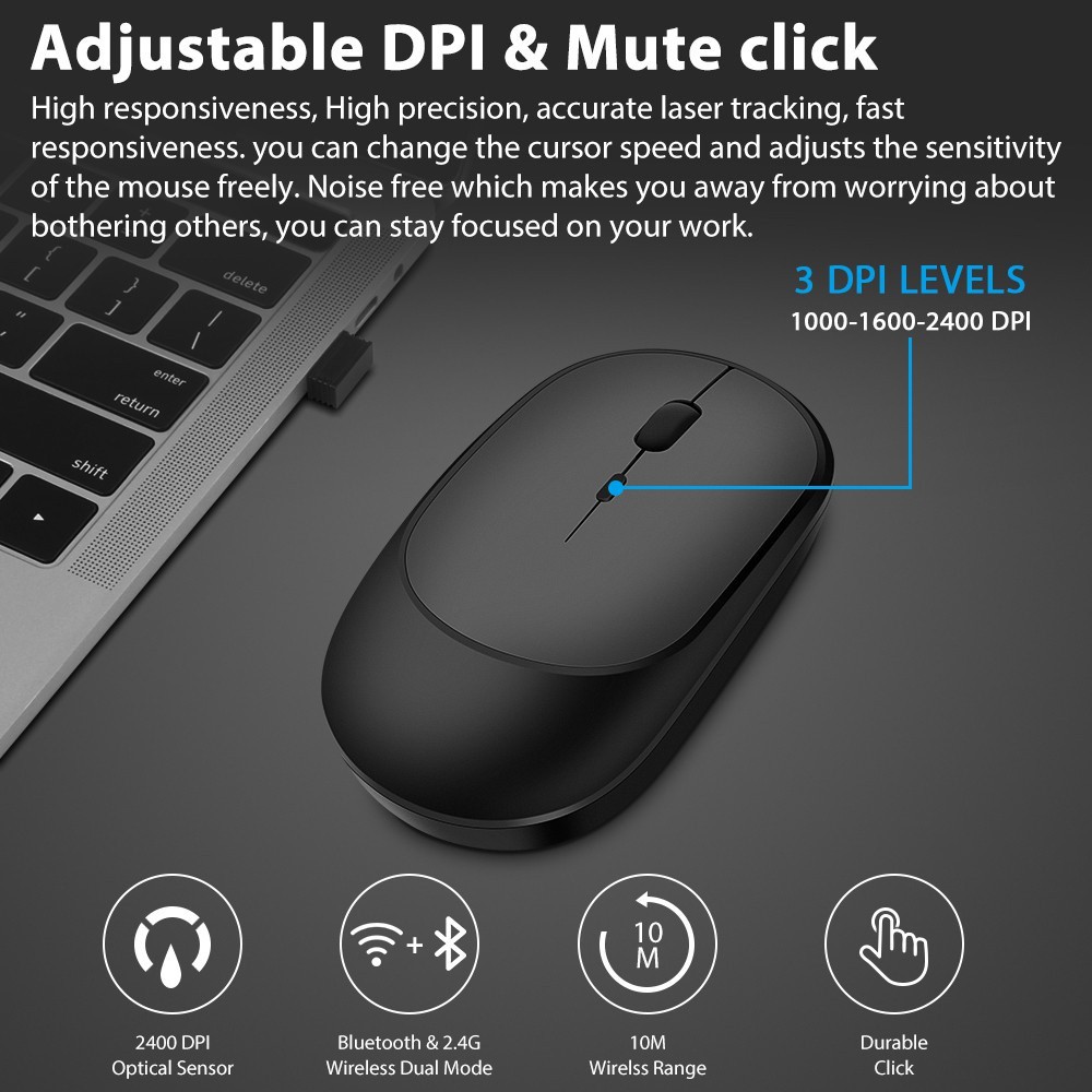 Tetikus Rechargeable Computer Tablet Laptop Mouse Dual Mode Bluetooth 2 ...
