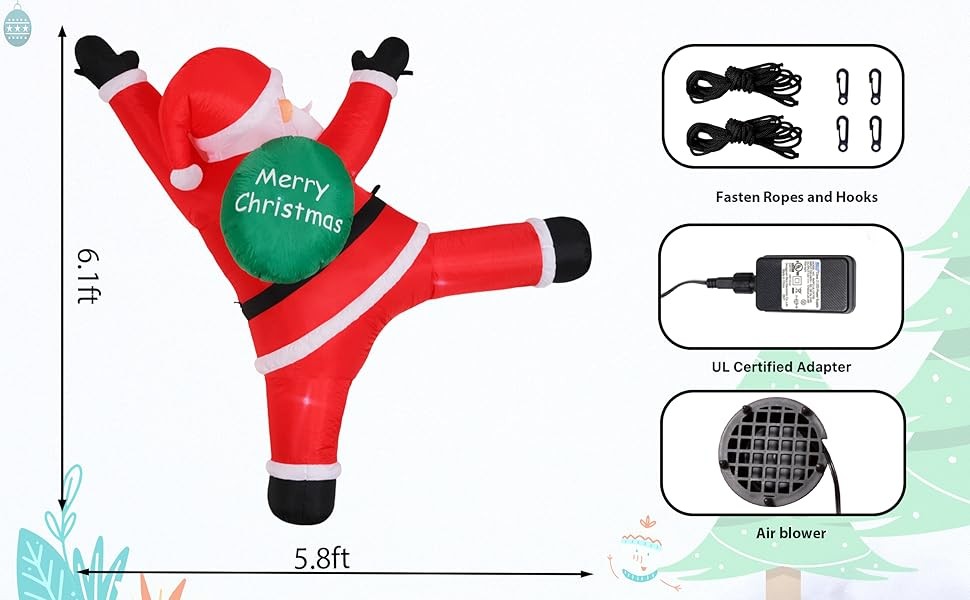 6ft Hanging Christmas Inflatables Santa Claus Decorations Built-in LED ...