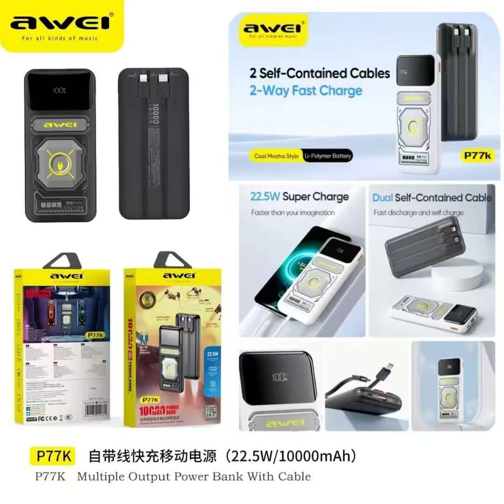 [3C Certified] Awei Powerbank terbina P77K/P99K 10000mAh/20000mAh 22.5W ...