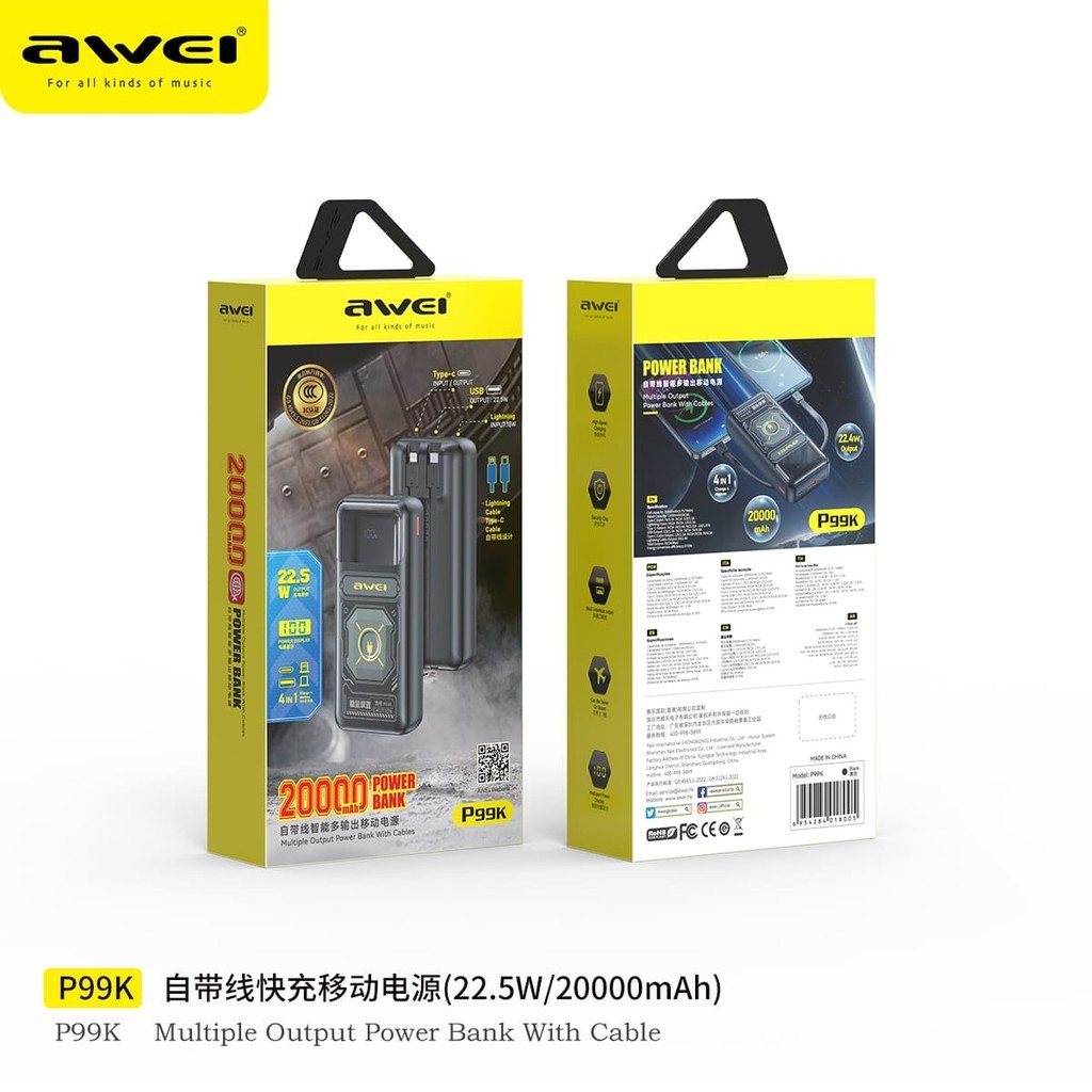 [3C Certified] Awei Powerbank terbina P77K/P99K 10000mAh/20000mAh 22.5W ...
