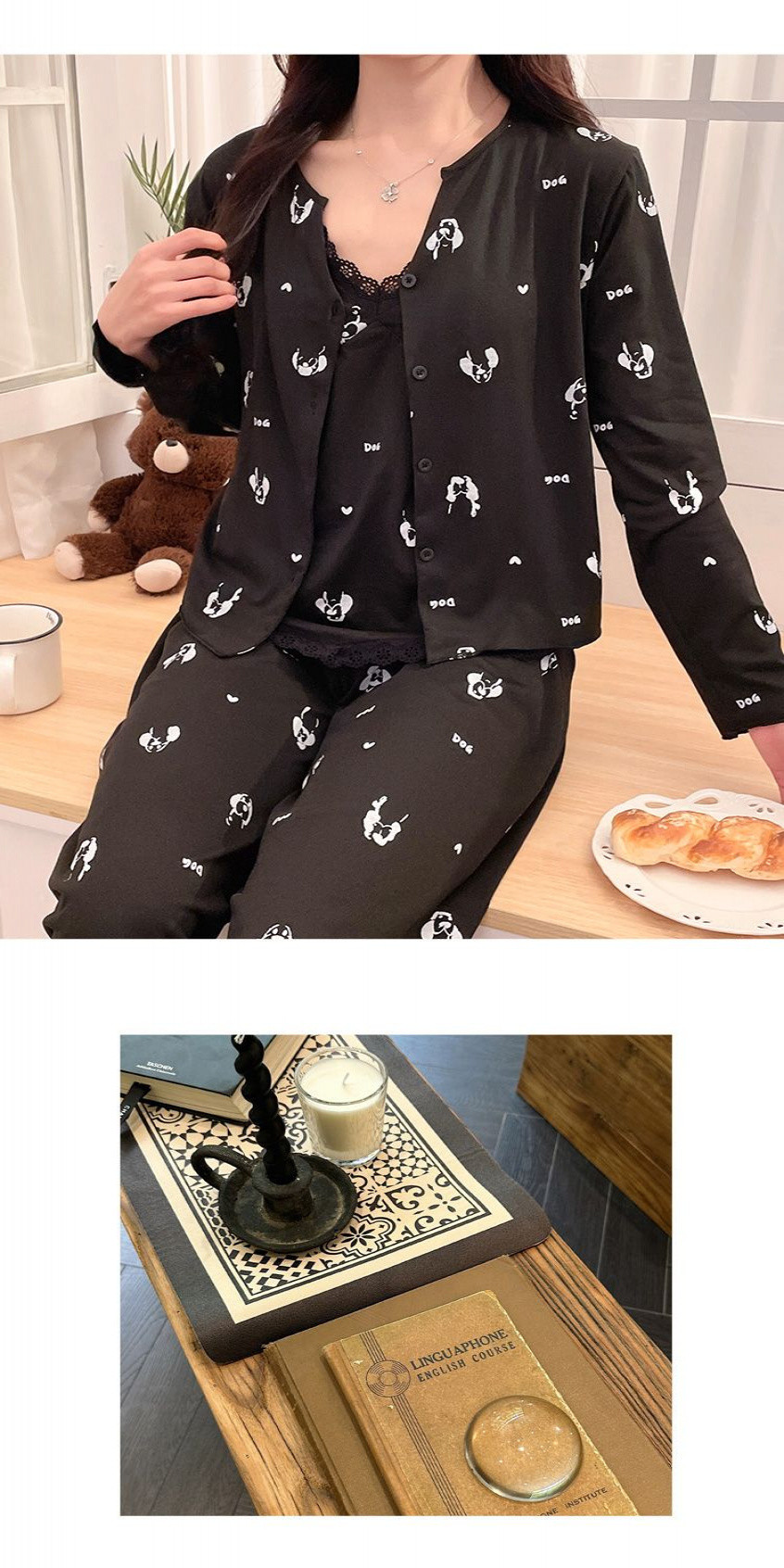 3-in-1 Pyjama Set with Cotton-Like Padded Fabric - V-Neck Straps, Long ...
