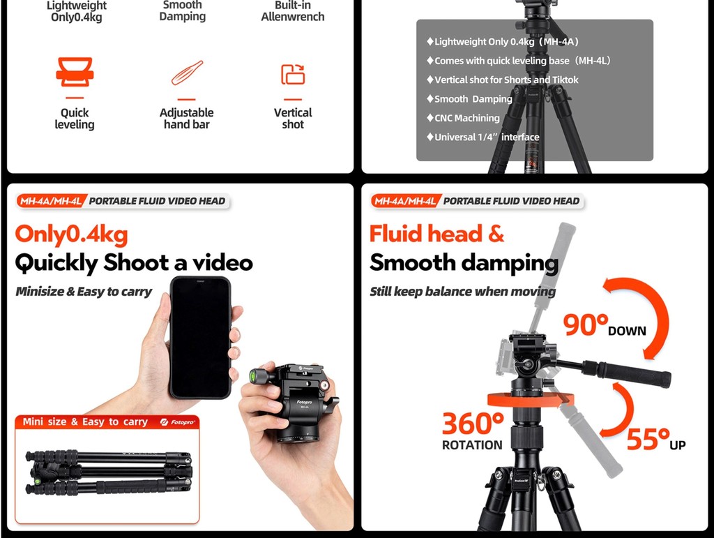 Fotopro MH-4A/MH-4L/MH-6A Pro Portable Fluid Video Head with Leveling ...