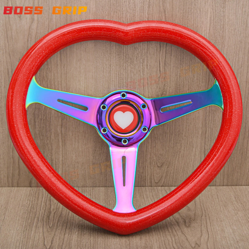 JDM 14Inch Red Heart Shape Steering Wheel Neo Chrome Universal ABS ...