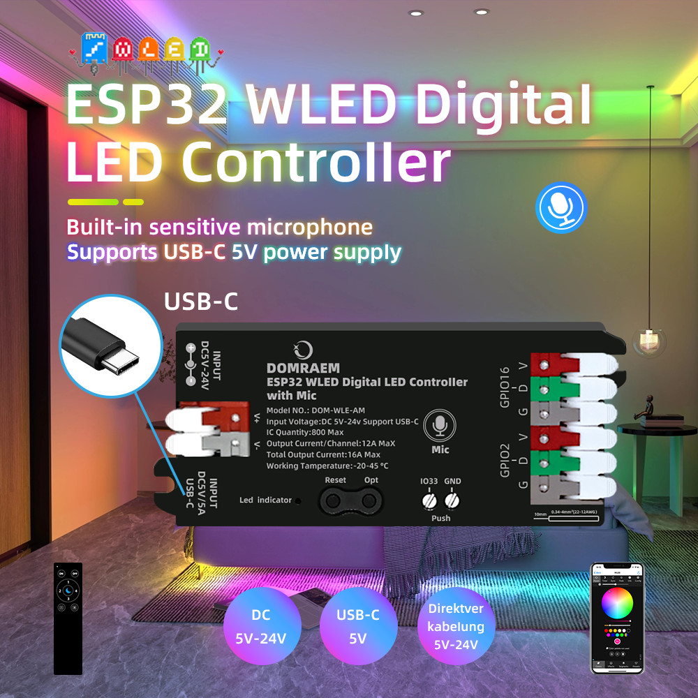 DOMRAEM WLED ESP32 LED Strip Controller with music Mic USB-C 5V Plug ...
