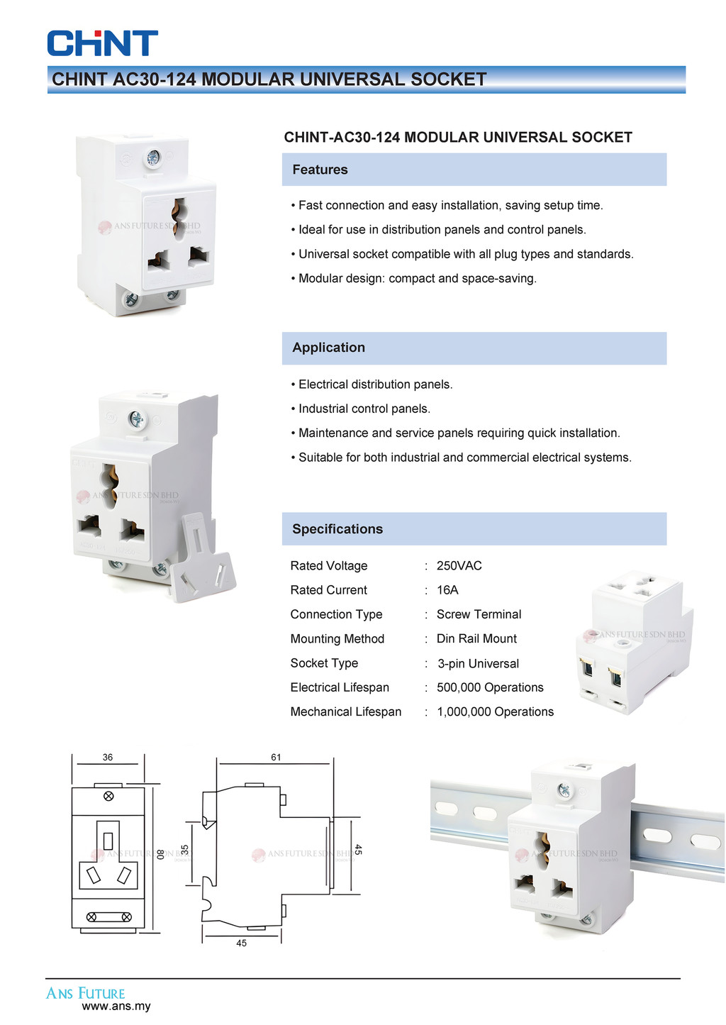 CHINT AC30-124 Modular Universal 3 Pin Socket 16A Din Rail Mount Power ...