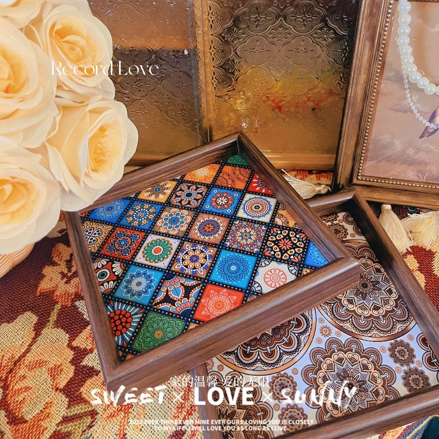 Bohemian Style Solid Wood Serving Tray - Decorative Square Snack ...
