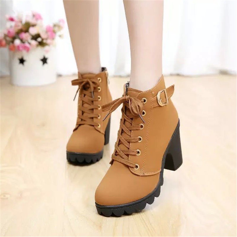 Korean Style Women's Casual Lace-Up Boots with Thick Sole | Shopee Malaysia