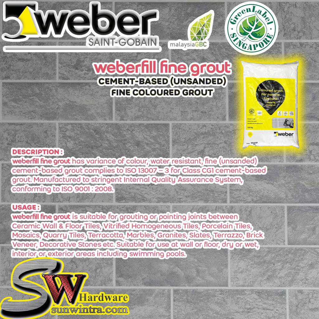 WEBER SAINT-GOBAIN COLOUR GROUT WEBERFILL FINE GROUT 3.5KG Wall Floor ...