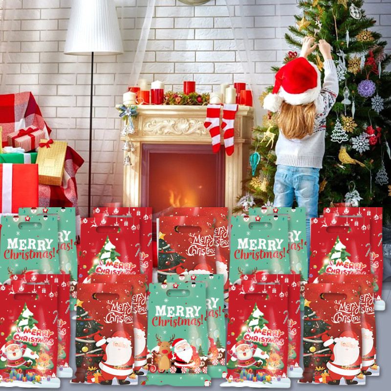 10-50PCS Christmas Plastic Gift Bags Merry Christmas Goodie Bag with ...