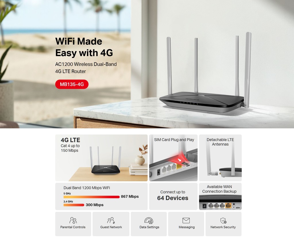 Mercusys MB135-4G AC1200 Wireless Dual Band 4G LTE Sim Card Router ...