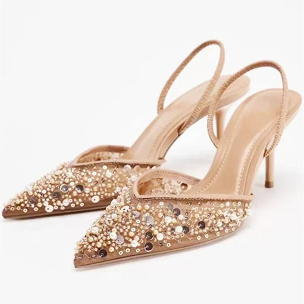 Designer Bling String Bead Mesh High Heels - Pointy Toe Breathable ...