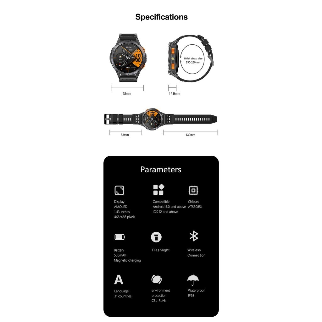 GPS Smart Watch Premium Military Outdoor Altimeter Barometer AMOLED ...