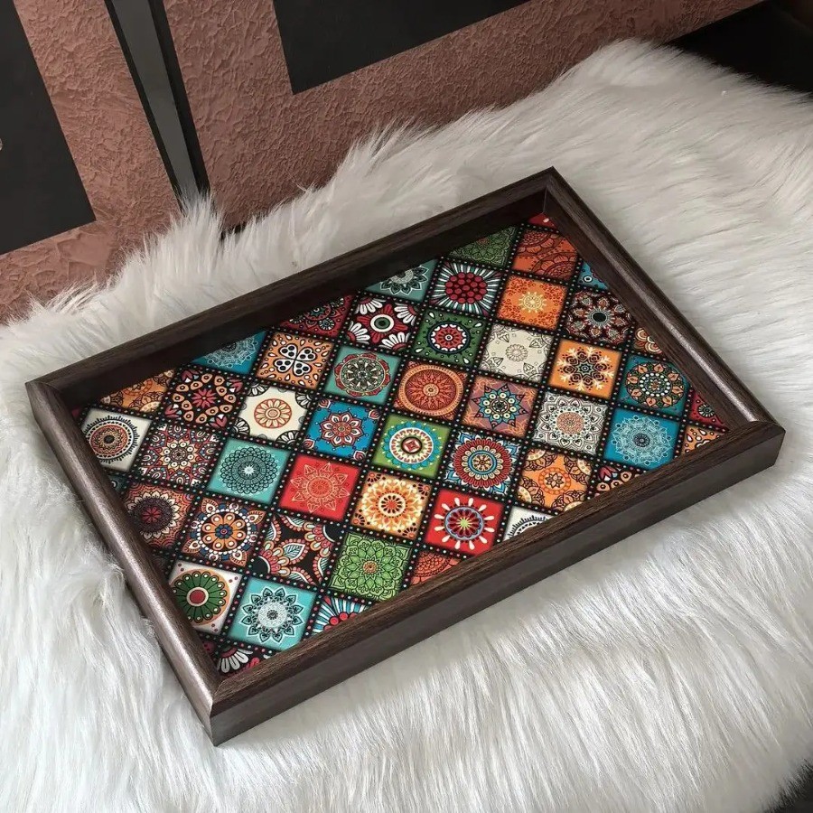 Bohemian Style Solid Wood Serving Tray - Decorative Square Snack ...