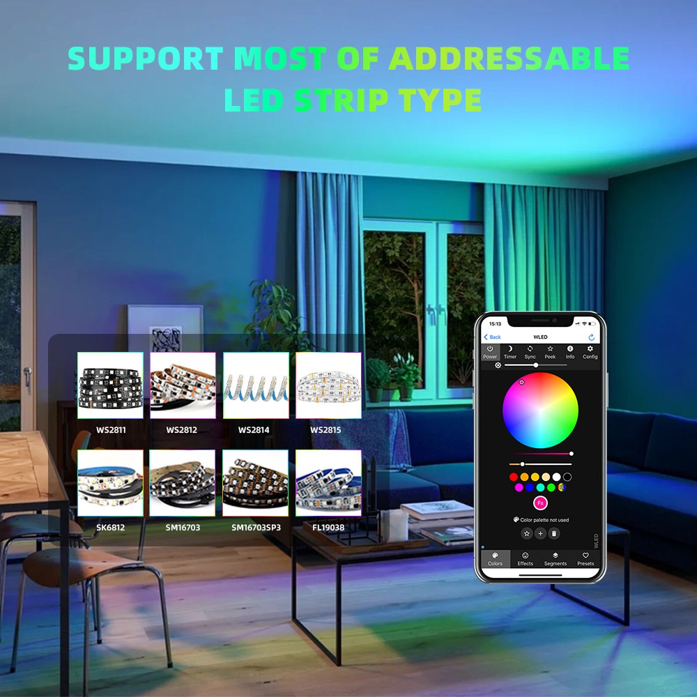 DOMRAEM WLED ESP32 LED Strip Controller with music Mic USB-C 5V Plug ...