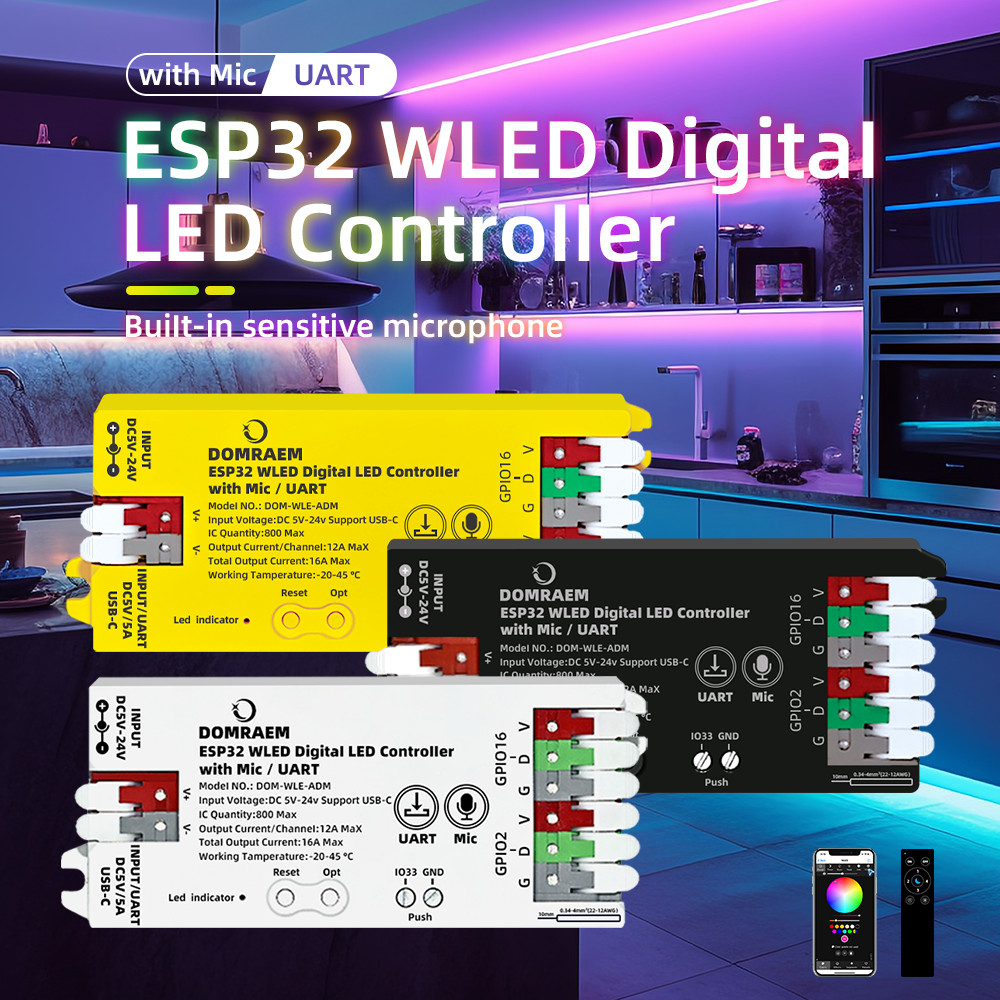 DOMRAEM ESP32 WLED USB-C Addressable LED Controller with Music Mic/UART Supports WS2814/12B RGB ...