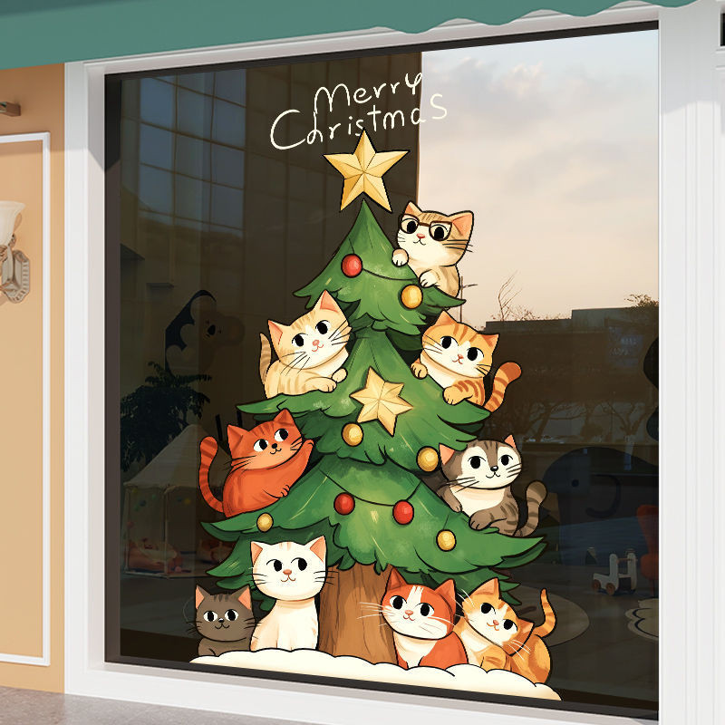 Christmas Window Stickers Cute Cat Christmas Tree Static Clings ...