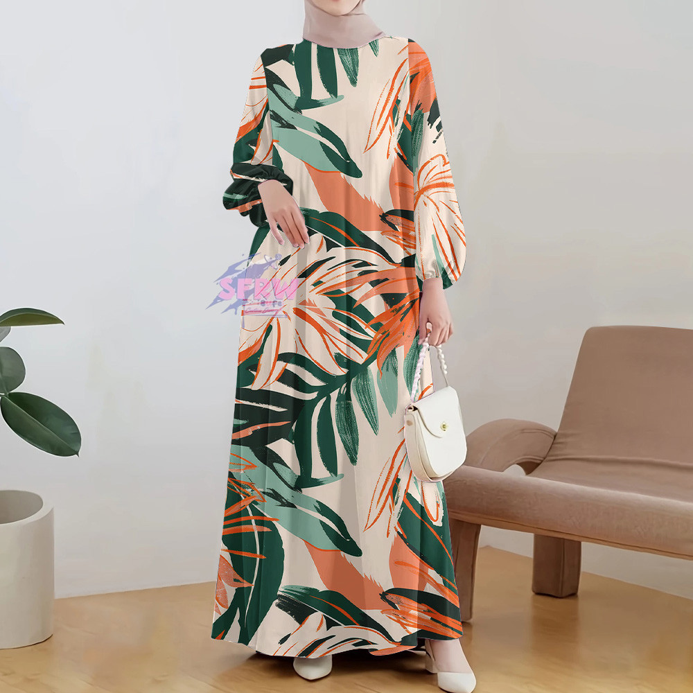 New Women's Long Sleeve Dress with Flowy Skirt - Summer Leaf Print Robe ...
