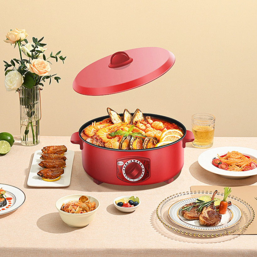 4L Electric Caldron Red Frying Pan 220V 1000W Non-stick Multifunctional ...
