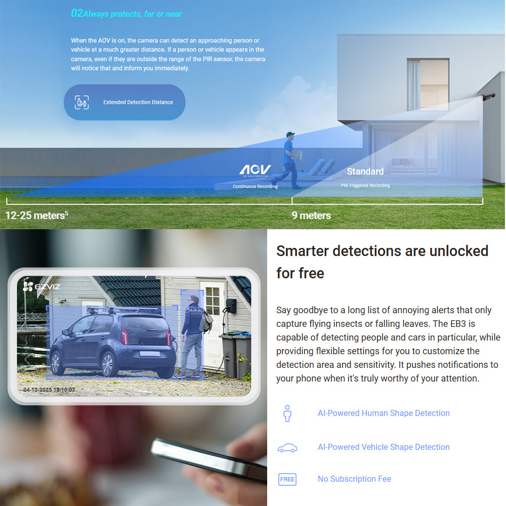 EZVIZ EB3 Kit 3MP 2K AOV Standalone Motion Detection Two Way Talk WiFi ...