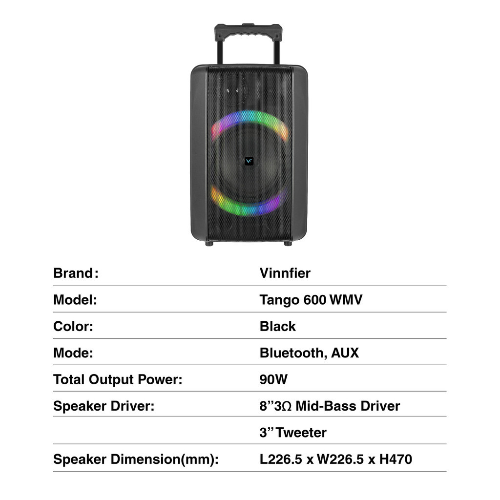 Tango 600 WMV 90W Max Portable Trolley Wireless Bluetooth Speaker Karaoke USB Drive Micro SD ...