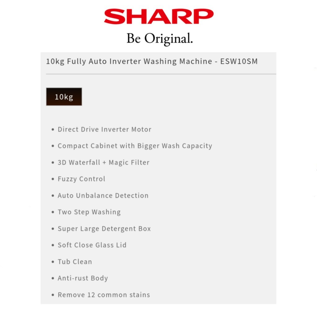 Sharp ESW10SM 10KG DD Inverter Top Load Washing Machine Mesin Basuh ...