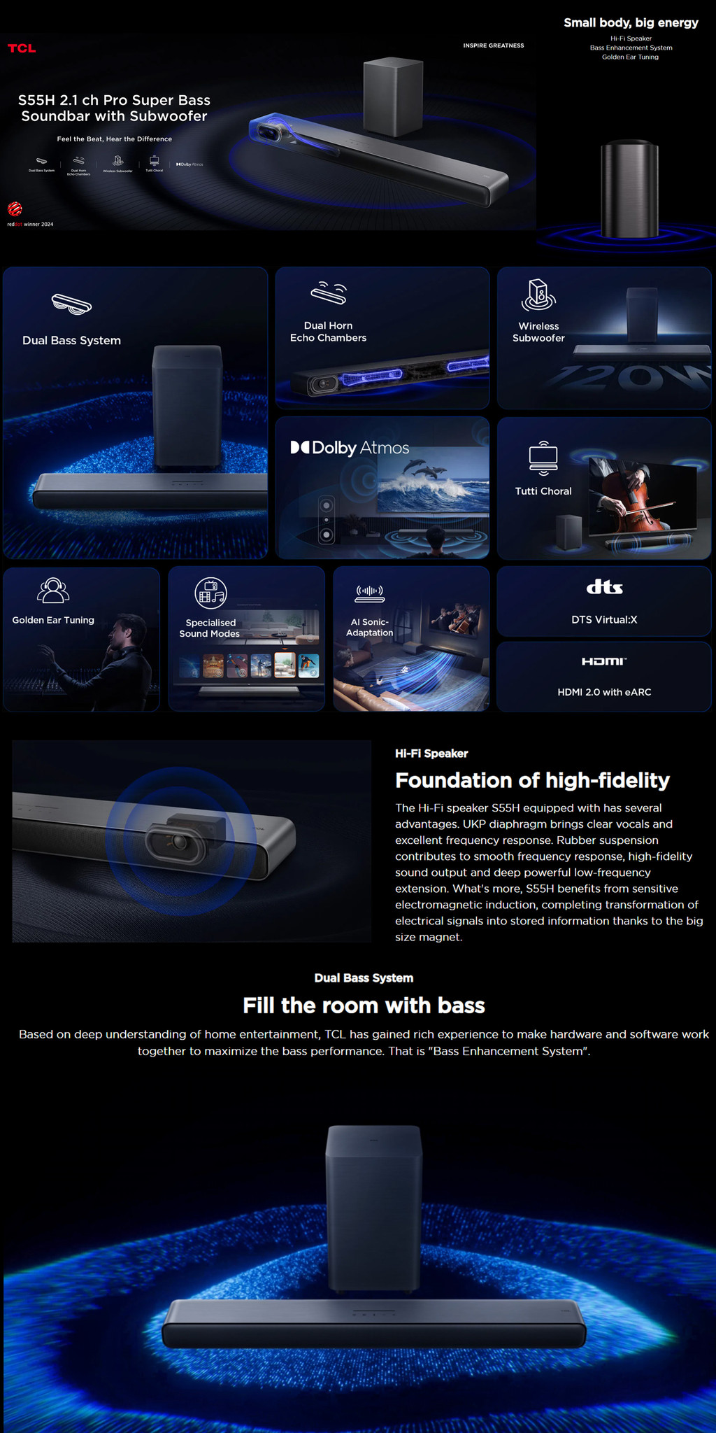 TCL S55H S Series Dolby Atmos Soundbar Cinema Sound Bar 2.1CH Pro Super ...