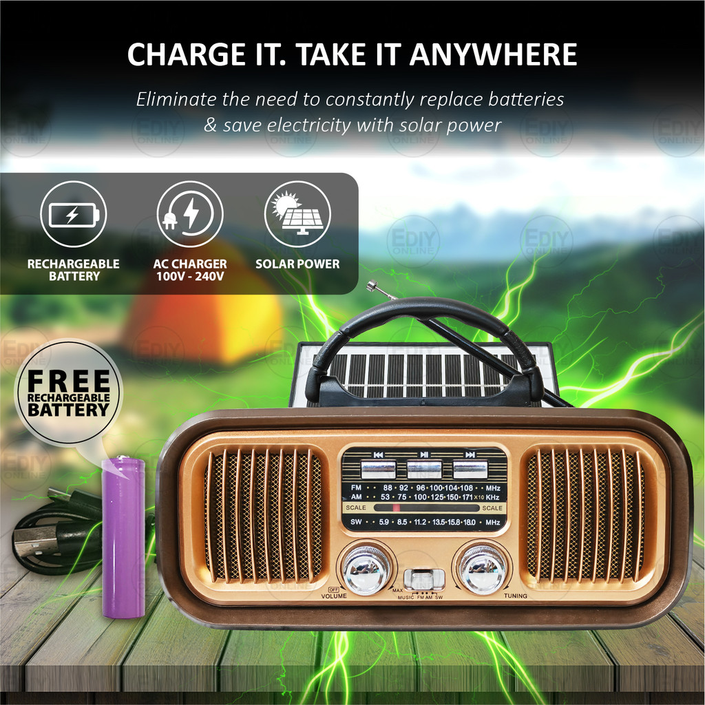 Solar Powered Rechargeable Radio FM AM SW Bluetooth USB TF Speaker ...