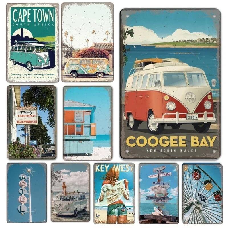 Beach Bus Vintage Metal Tin Signs Decor Plaque Summer Travel Posters ...