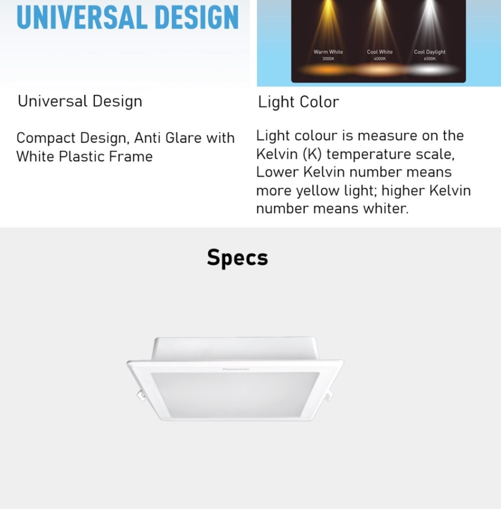 PANASONIC LED RECESSED DOWNLIGHT (12W) CUT OUT SIZE 125MM - SQUARE 1PC ...